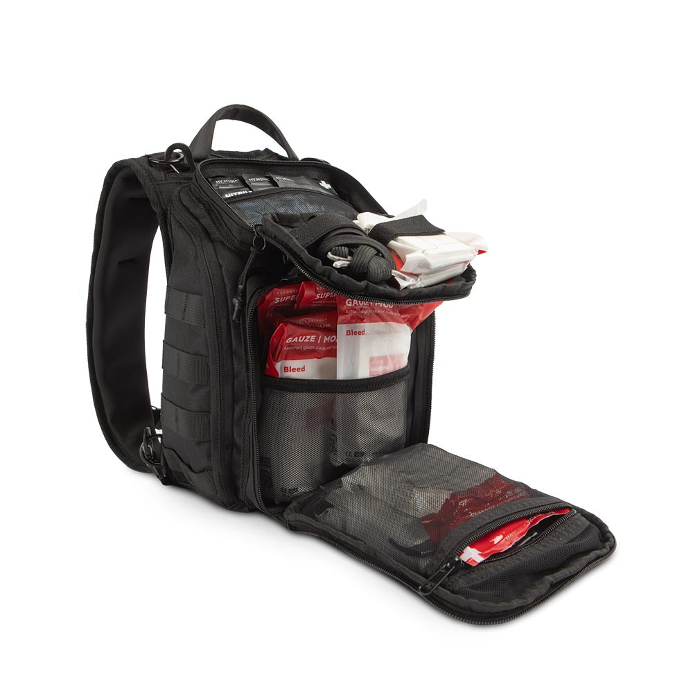 View of Recon First Aid Kit open frontal pocket with supplies